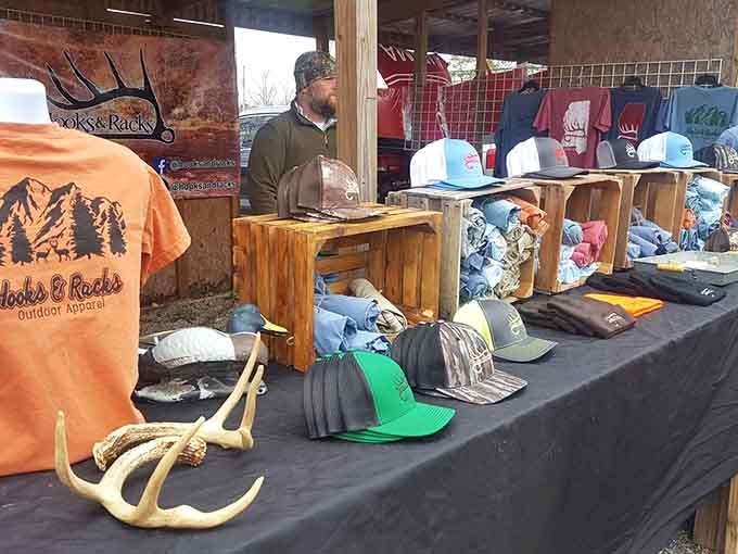 Outdoor apparel featuring antler racks and trucker hats because sometimes fashion means embracing your inner outdoorsman completely.