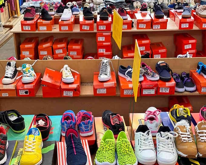 Rows of sneakers in every color remind you that comfortable feet don't require designer price tags.