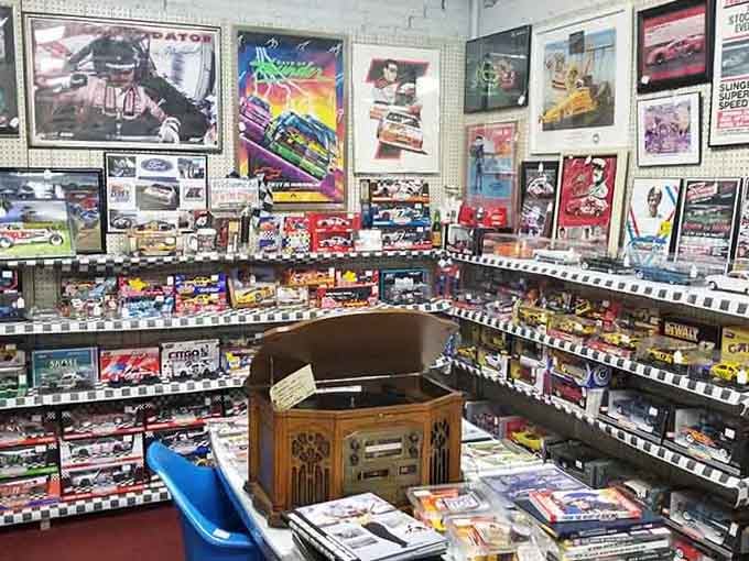 Racing posters and die-cast collections celebrate speed demons and Sunday afternoons spent watching NASCAR religiously.