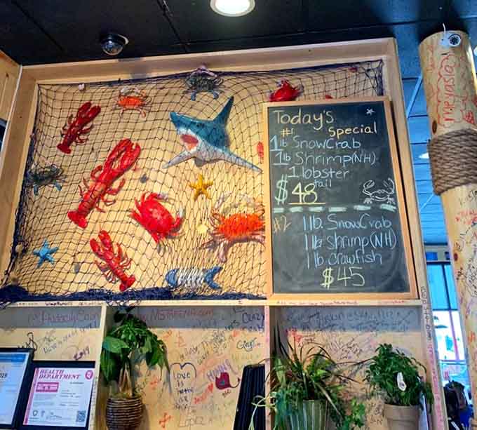 A chalkboard announces daily specials while nautical decorations remind you that adventure can happen anywhere, even inland.