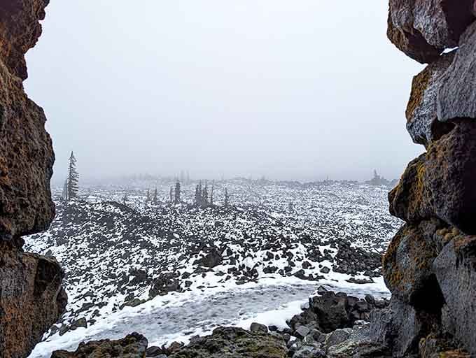 Winter transforms the lava fields into an even more alien landscape, doubling down on extraterrestrial aesthetics.