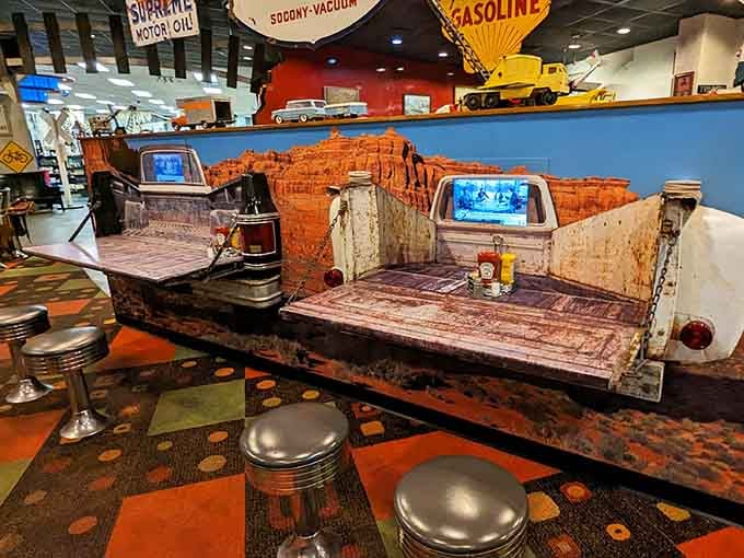 Eating from a vintage truck bed while surrounded by memorabilia beats any fancy restaurant's ambiance.