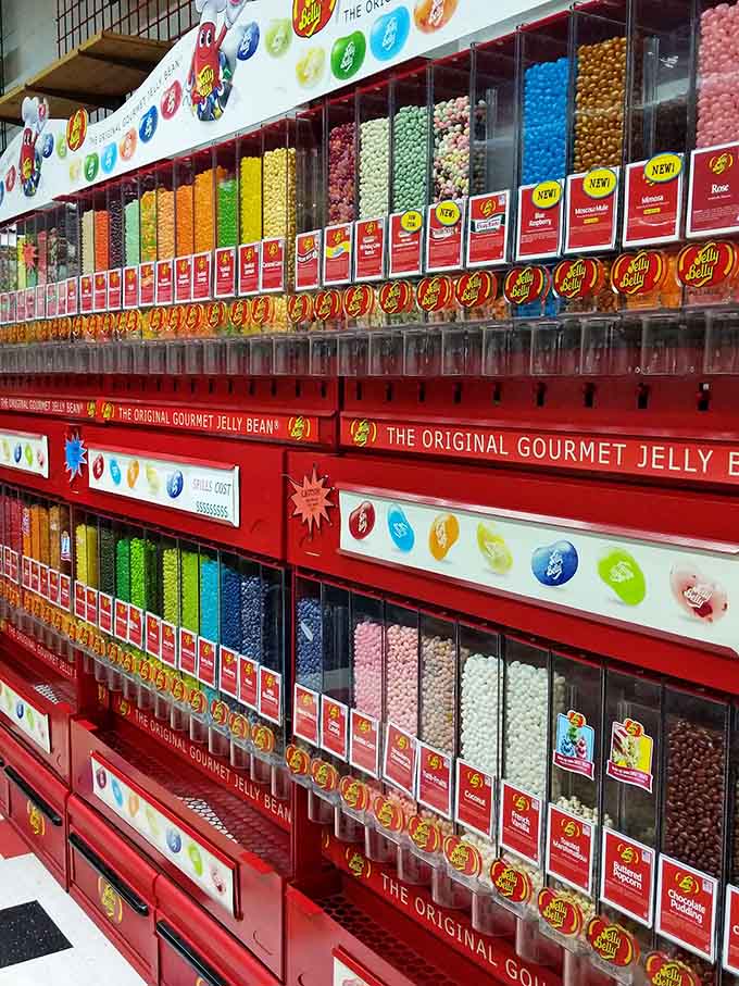 Jelly Belly's rainbow wall makes choosing just one flavor feel like an impossible philosophical exercise in decision-making.