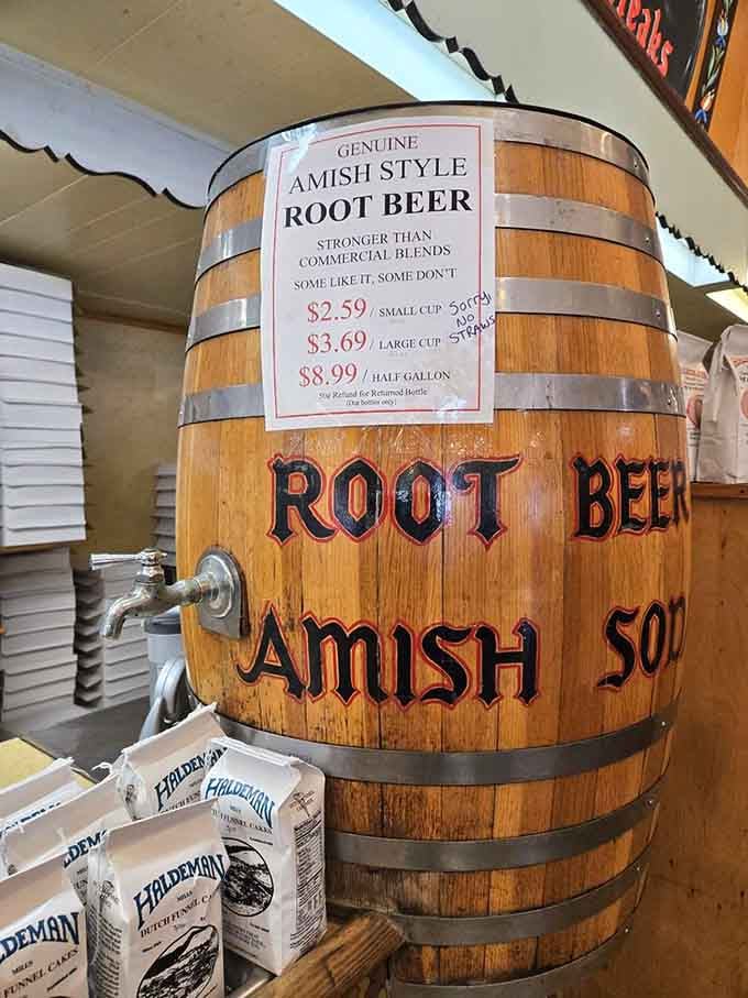 Amish-style root beer served from a barrel because some traditions are too good to mess with or modernize.