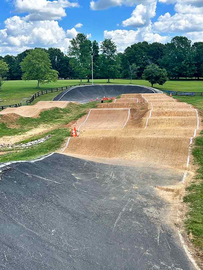 BMX track with jumps and curves that look thrilling from a safe distance where your bones appreciate watching.