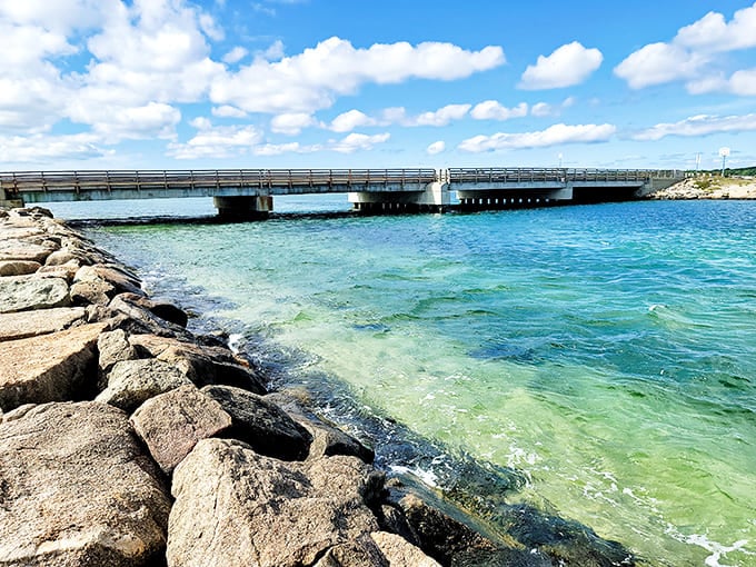 The famous Jaws Bridge spans crystal-clear water where brave souls still jump despite knowing the movie's legacy.