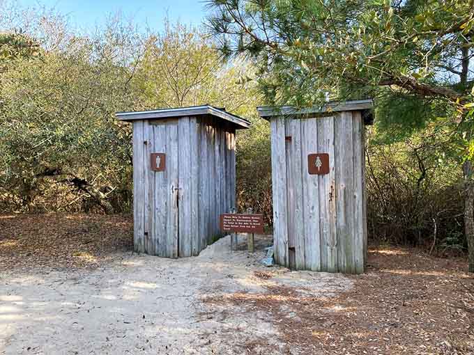 Rustic facilities remind you that wilderness means embracing simplicity, even in necessary moments of privacy.