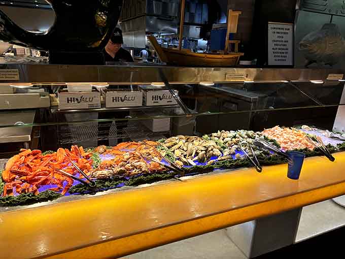 That seafood spread is basically the ocean's greatest hits, all lined up and ready for your eager plate.
