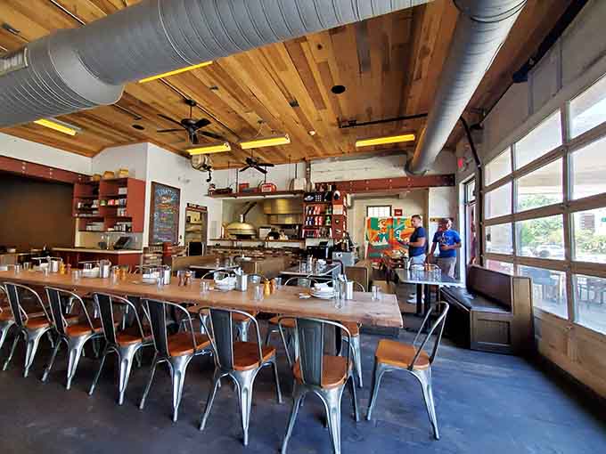 Long communal tables encourage conversation, or peaceful solo dining, depending on what kind of day you're having.