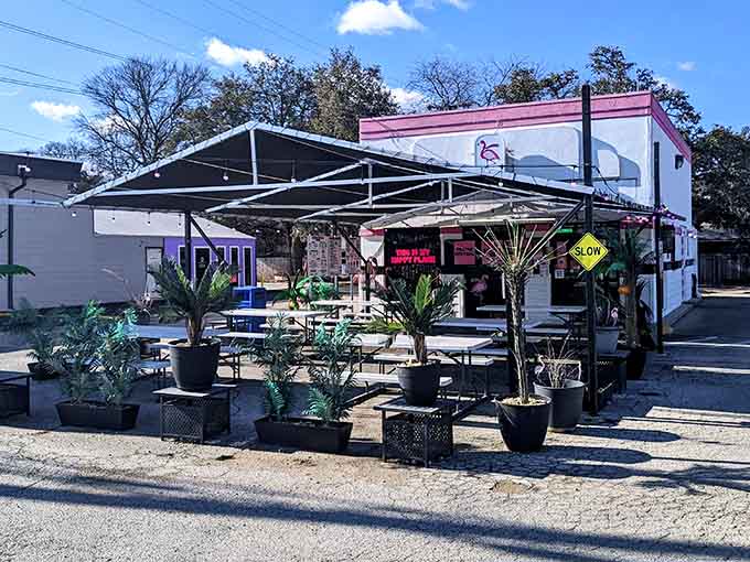 This quirky outdoor setup serves frozen treats under metal canopies, turning ordinary afternoons into spontaneous celebrations.