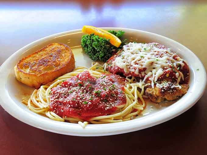 Chicken Parmesan with spaghetti and garlic bread: Italian comfort food executed with the same care as their famous biscuits.