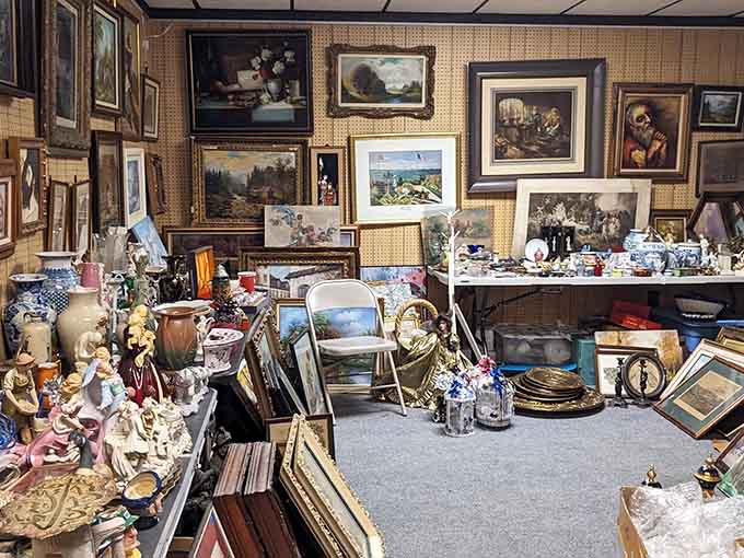 Walls covered in framed art and collectibles create the kind of visual feast that keeps your eyes constantly discovering something new.