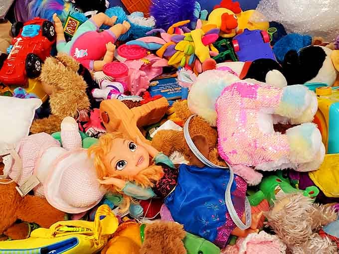 This rainbow explosion of stuffed animals and dolls would make any grandchild squeal with delight at grandma's house.