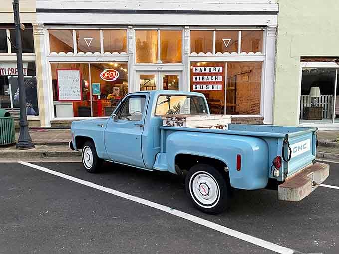 That vintage GMC truck outside Sakura Hibachi creates the most delightfully unexpected cultural mashup you'll see today.