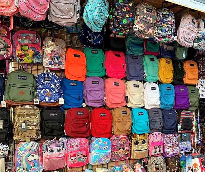 Backpacks in every color and pattern, from practical JanSport classics to designs featuring unicorns and cartoon characters galore.