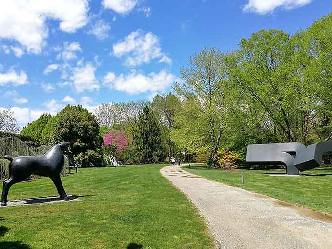 Garden paths winding past modern art remind you that the journey matters just as much as the destination itself.