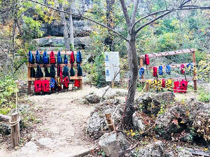 Life jackets hang ready for visitors, a practical touch ensuring everyone can safely enjoy this geological wonder.