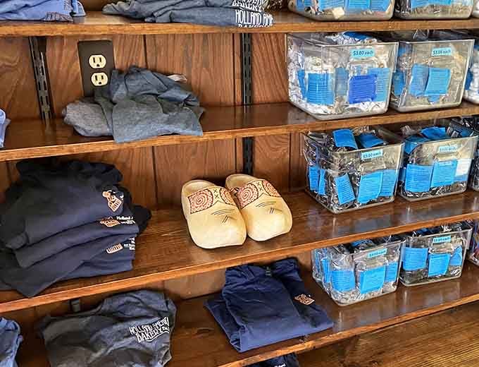 Wooden shoes on the shelf remind you this isn't your average strip-mall bakery trying to be European.