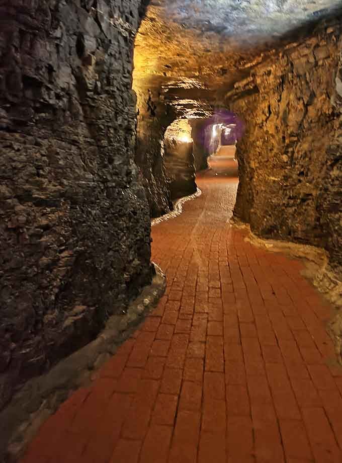 The brick walkway winding through passages that make you grateful someone else did the hard work of installation.