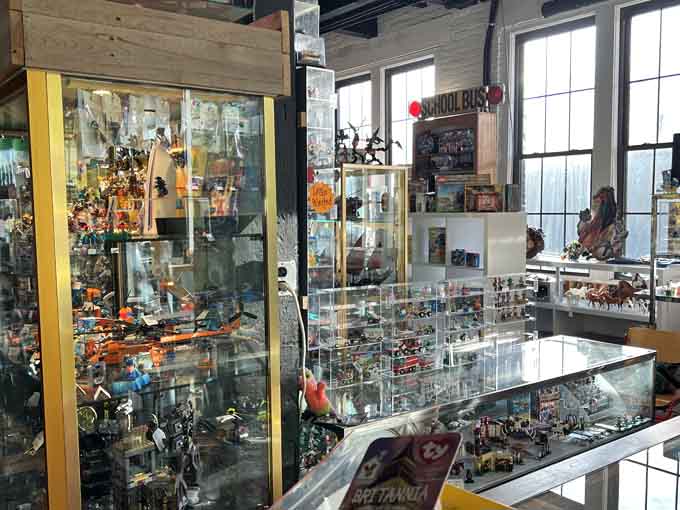 Vintage treasures packed into cases like a museum curated by your coolest, most interesting relative.