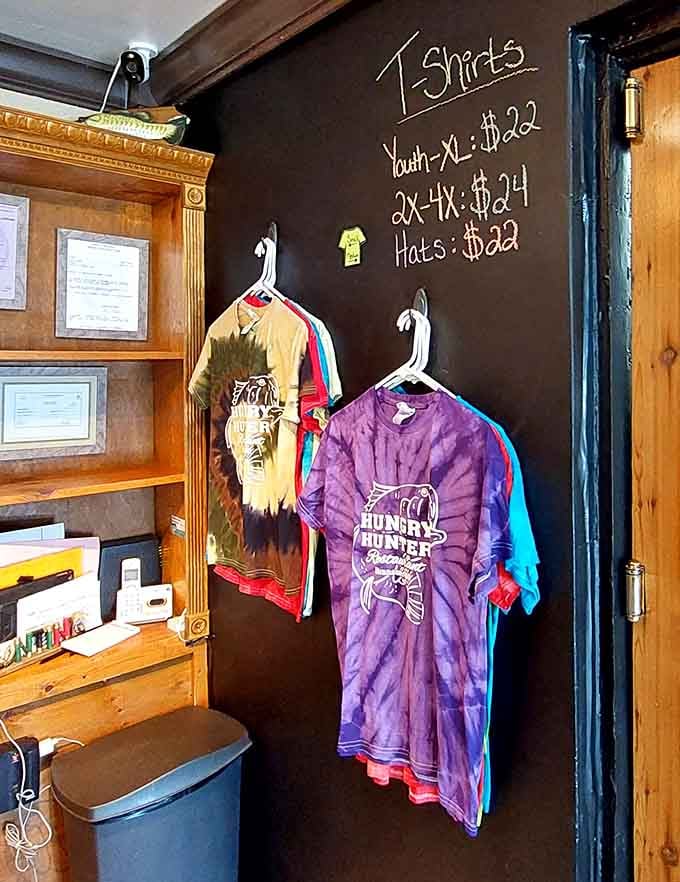 Tie-dye shirts for sale because even breakfast spots can have a gift shop, just a tiny one.