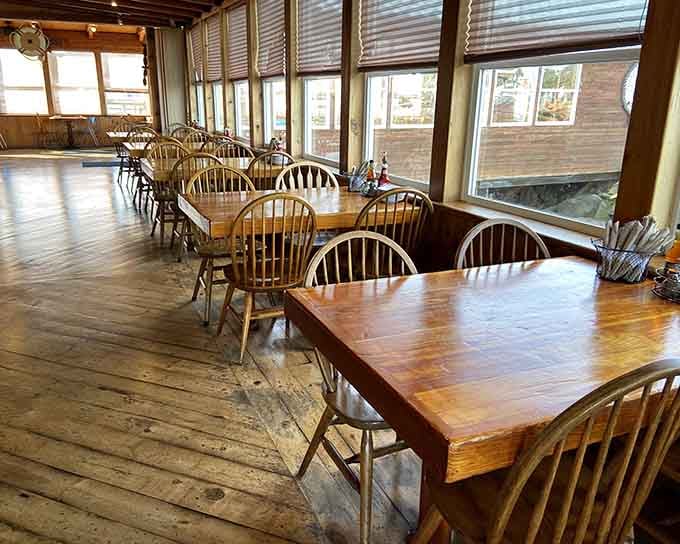 Wooden tables and exposed beams create the kind of relaxed atmosphere where loosening your belt isn't embarrassing.