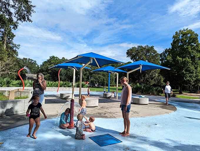 Bright blue shade structures provide relief from the Carolina sun without sacrificing that perfect poolside vibe.