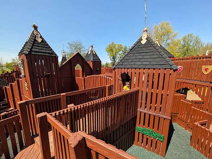 This elaborate wooden castle playground offers towers, bridges, and endless possibilities for young knights and princesses to explore their imaginations.