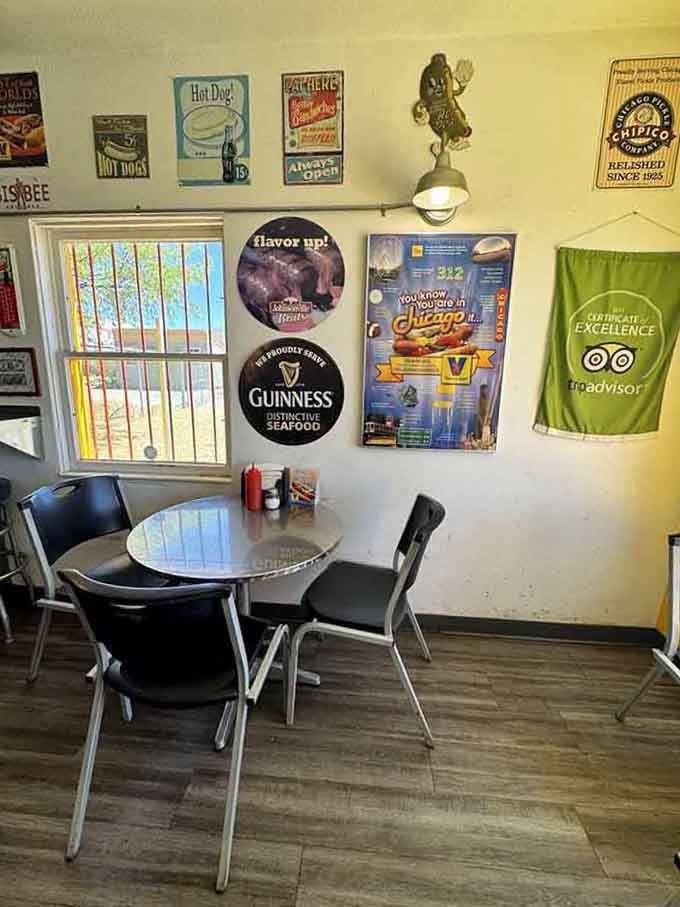 Small tables adorned with condiments invite you to settle in and savor every affordable, delicious bite at leisure.