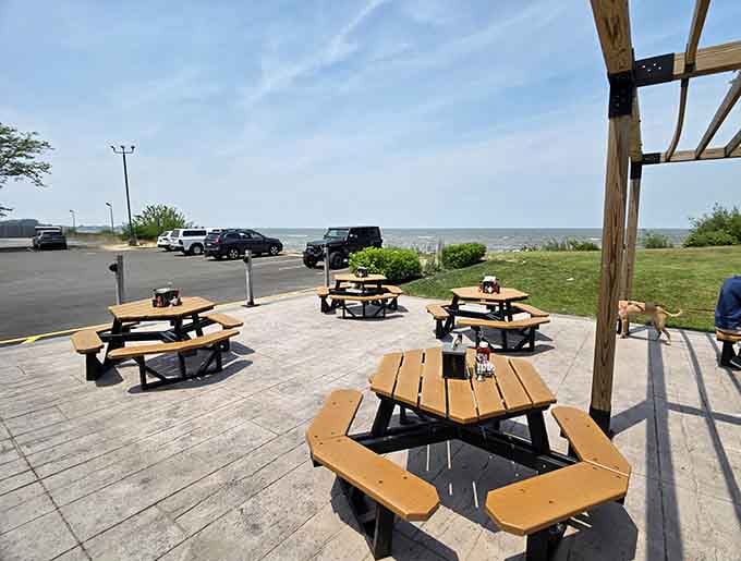 Outdoor seating with a lake view where your biggest decision is which picnic table to claim.