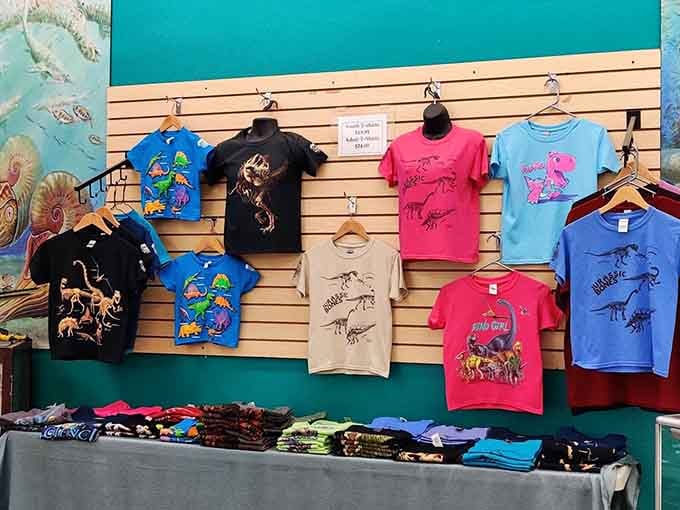 Dinosaur t-shirts in every color: because one souvenir is never enough when prehistoric creatures are involved.