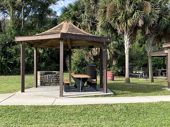 Covered picnic pavilions: because even paradise needs a little shade when Florida decides to turn up the heat.