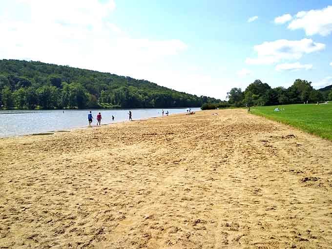 The kind of shoreline that makes kids happy and parents relaxed, which is basically winning the lottery.