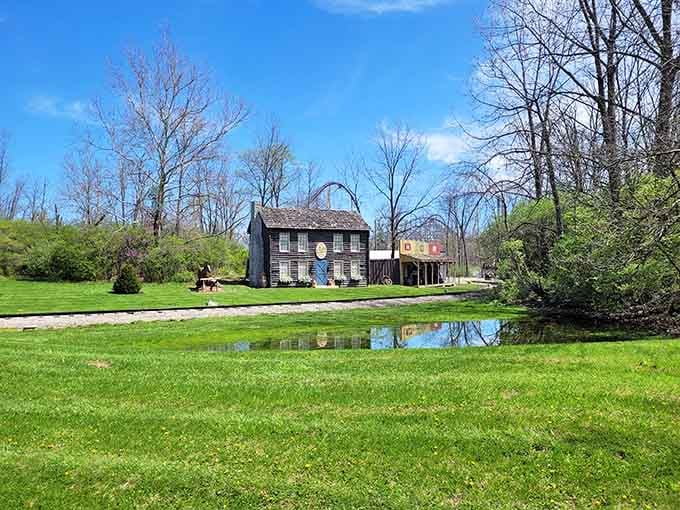 Rustic buildings nestle among spring greenery, offering peaceful moments between your adrenaline-fueled adventures through the park.