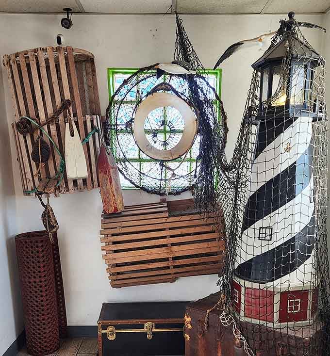 Fishing nets, vintage traps, and maritime treasures create an authentic seaside vibe that's pure nautical nostalgia.