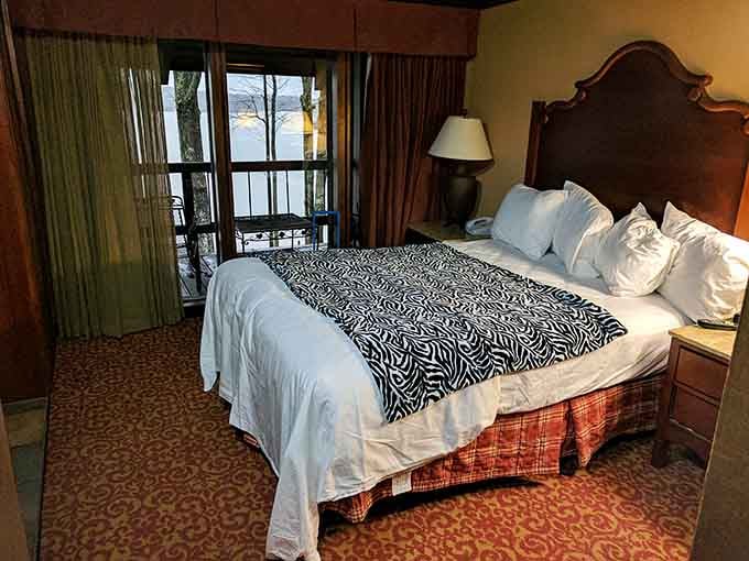 Lodge rooms with balconies overlooking the lake, perfect for morning coffee in your pajamas without judgment whatsoever.