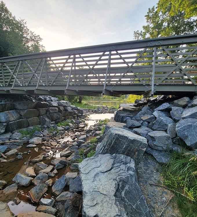 This pedestrian bridge offers front-row seats to a rocky stream that's been putting on free shows since forever.
