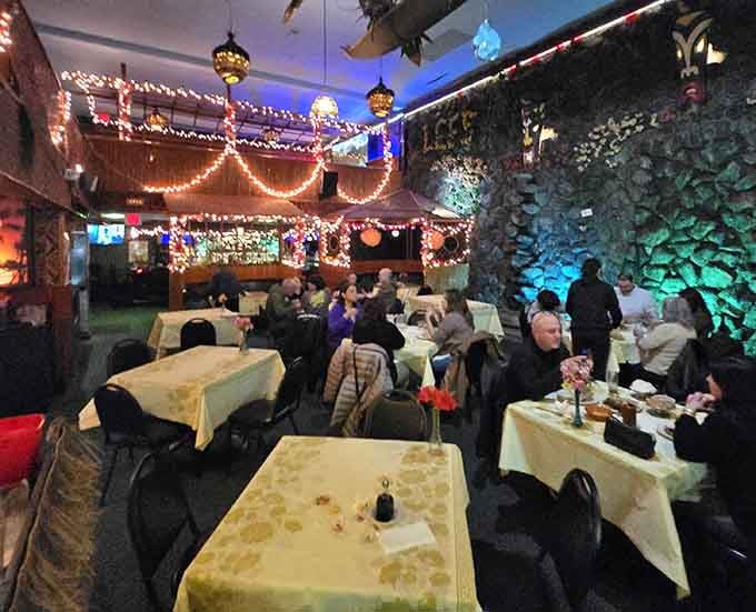 Real diners enjoying real meals in a space that transports them somewhere far beyond the Meadowlands traffic outside.
