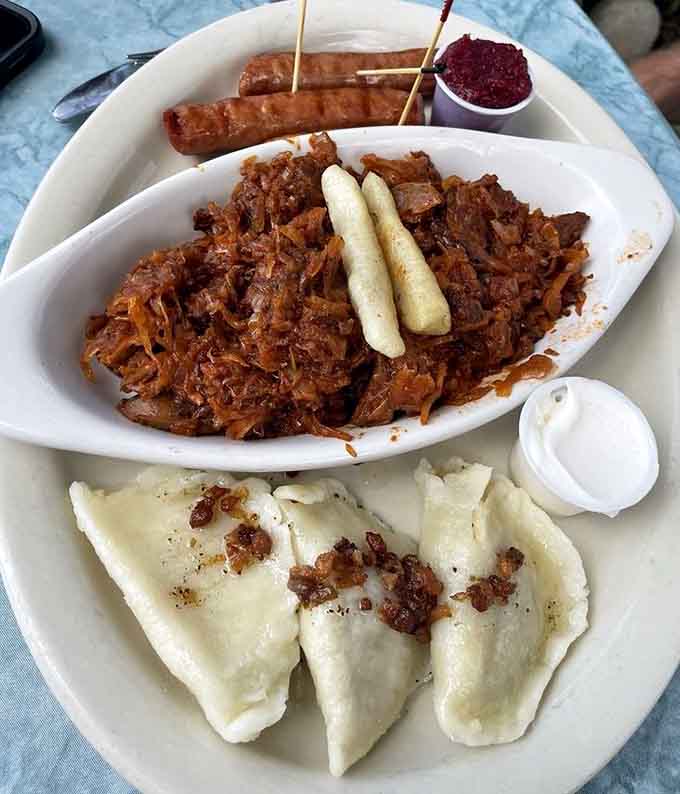 The Polish sampler brings pierogis, sauerkraut, and sausage together like a greatest hits album on one plate.