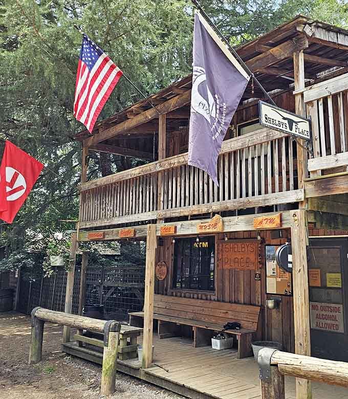 Shelby's Place flies its flags proudly, reminding everyone that patriotism and Western living make excellent neighbors in Love Valley.