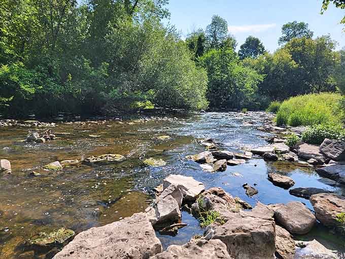 A peaceful river winds through the park, adding water features to complement all that impressive limestone.