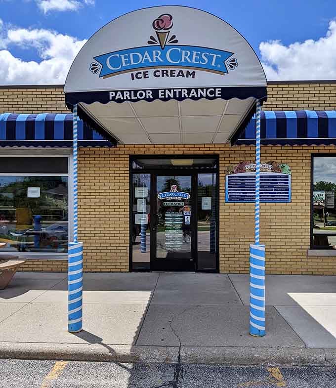 Cedar Crest Ice Cream's cheerful parlor entrance promises sweet treats in portions that won't disappoint anyone.