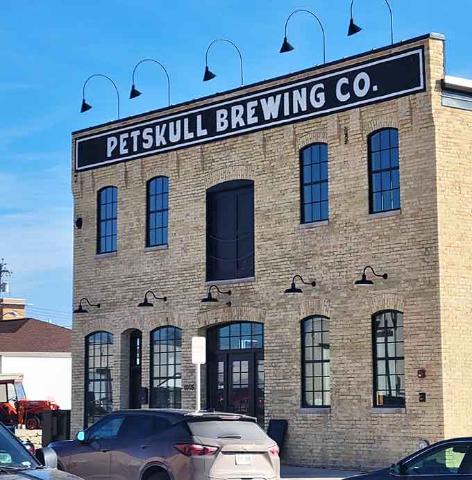 PetSkull Brewing's industrial-chic exterior hints at craft beer culture thriving in affordable communities across Wisconsin.