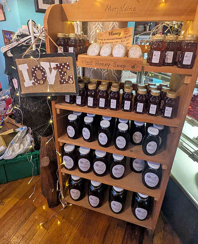 Local honey displayed like liquid gold, because sometimes the best things come from your own backyard.