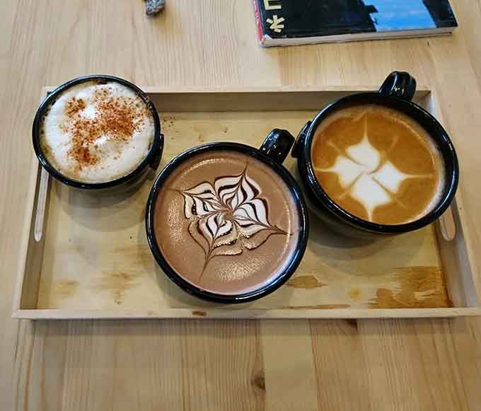 Three lattes lined up like caffeinated soldiers ready to battle your afternoon slump, and they're winning that war handily.