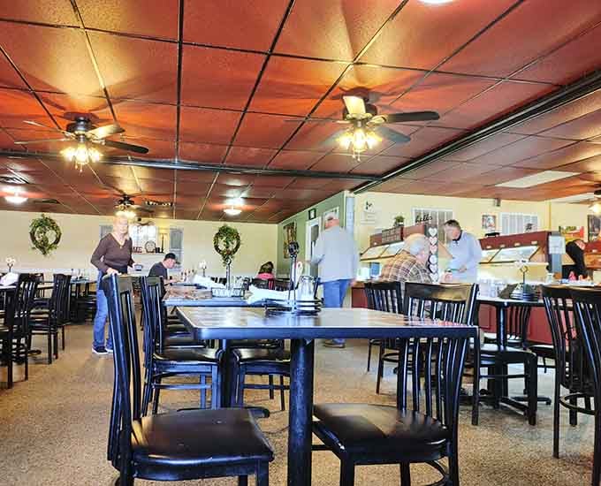 The spacious dining room where strangers become friends united by their love of unlimited food.