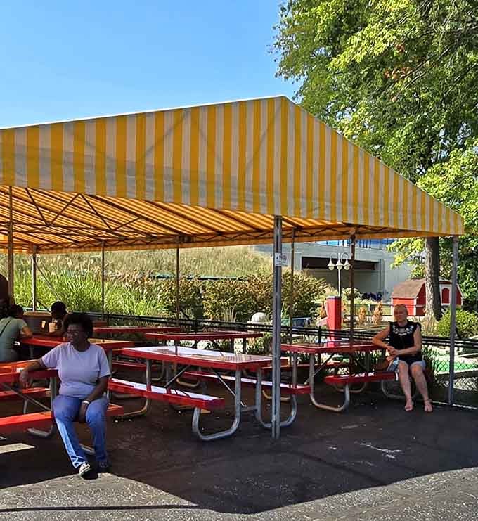 Shaded picnic tables under cheerful yellow awnings provide the perfect spot to refuel between rides and wipe sticky cotton candy fingers.