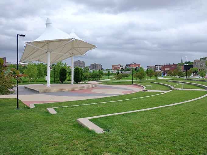 Meriden Green's amphitheater hosts community events where entertainment doesn't cost more than your monthly cable bill ever did.