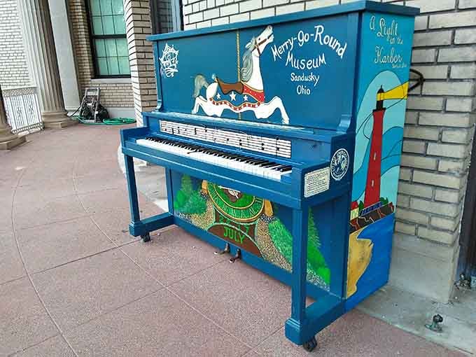 Public pianos painted with carousel horses, inviting passersby to add their own soundtrack to the nostalgia.