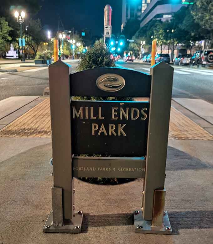 The sign stands sentinel at night, marking this official park that's been recognized by Guinness World Records since the seventies.